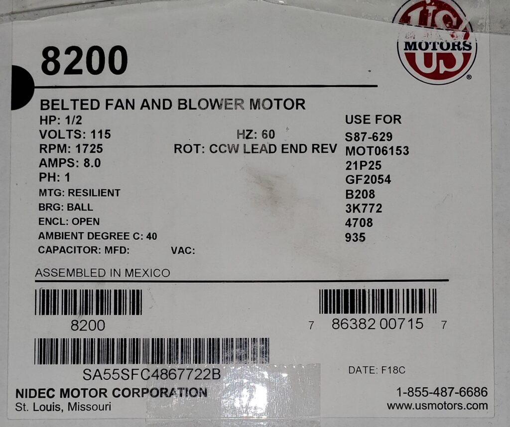 SA55JXSFC-4867 US Motors 8200 Belt Drive Fan Blower Nidec 1/2hp Motor ...