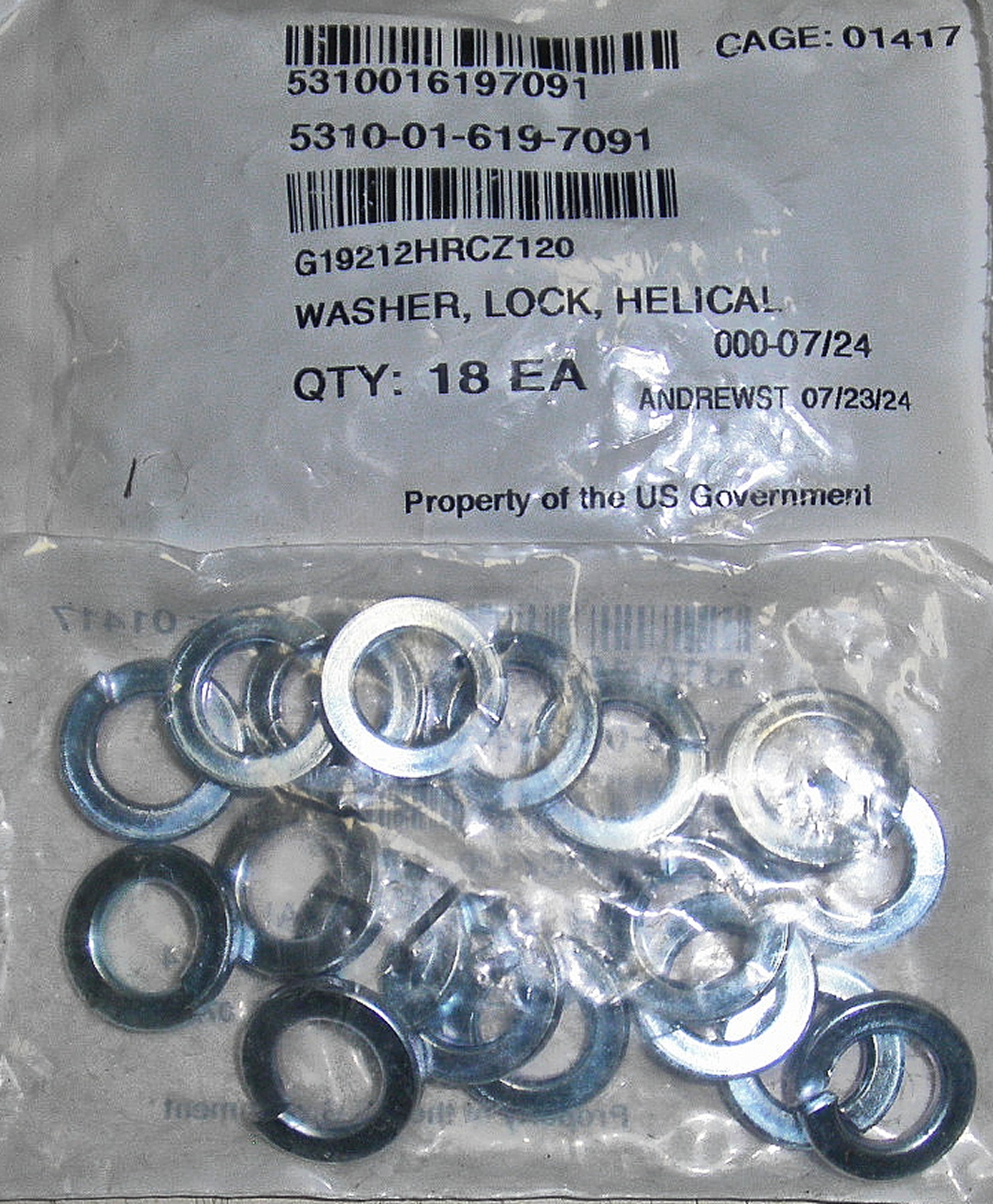5310-01-619-7091 G19212HRCZ120 Qty.18 Washer, Lock, Helical ⋆ DP ...
